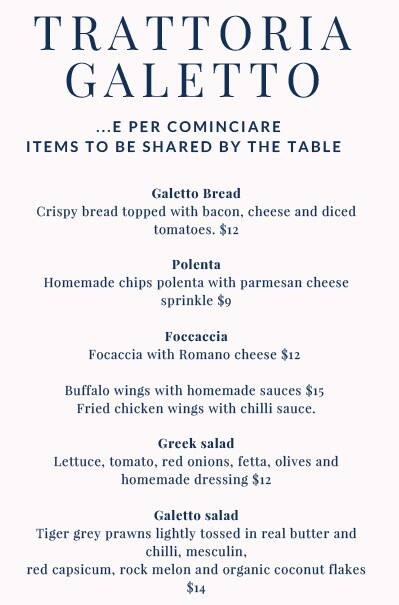 Menu at Trattoria Galetto restaurant, Subiaco