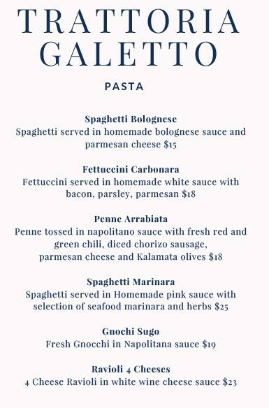 Menu at Trattoria Galetto restaurant, Subiaco