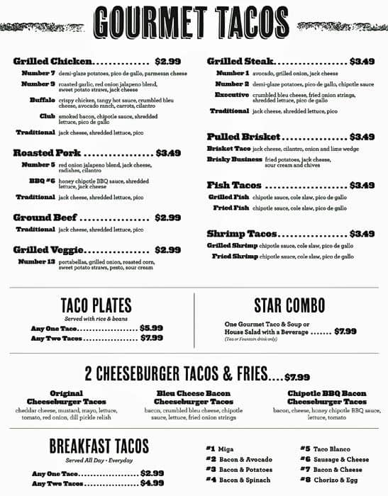 Menu at Tin Star Taco Bar, Plano, 340 Coit Rd