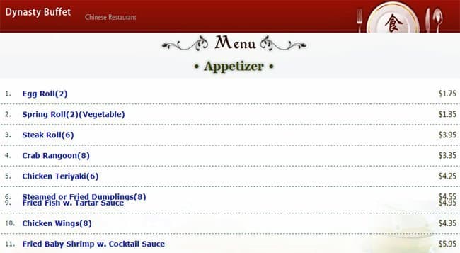 Menu at Dynasty Buffet restaurant, Gastonia, E Franklin Blvd