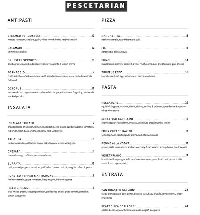 Menu at Vivace restaurant, Charlotte