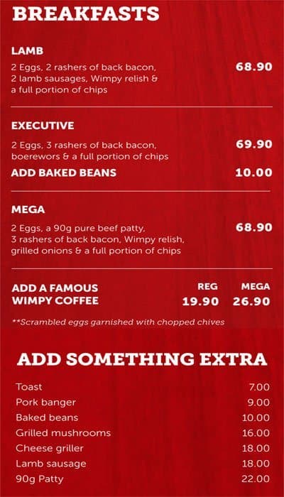 Menu at Wimpy restaurant, Nelspruit, Shop LG44 Ilanga Mall Cnr Flamboyant