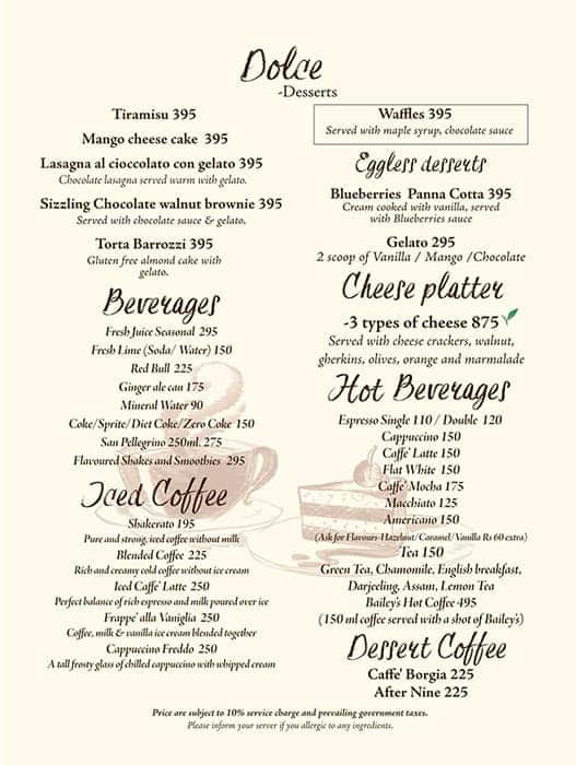 Menu of Caffe Tonino, Connaught Place, New Delhi