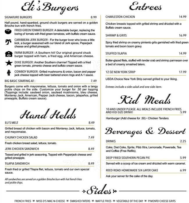 Menu at Eli's restaurant, Evans