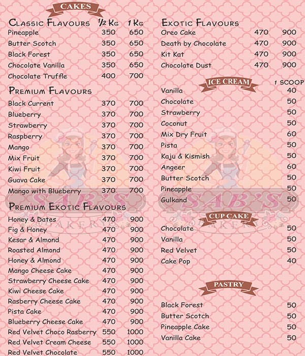 Menu of Sab's Bakery, Mazgaon, Mumbai