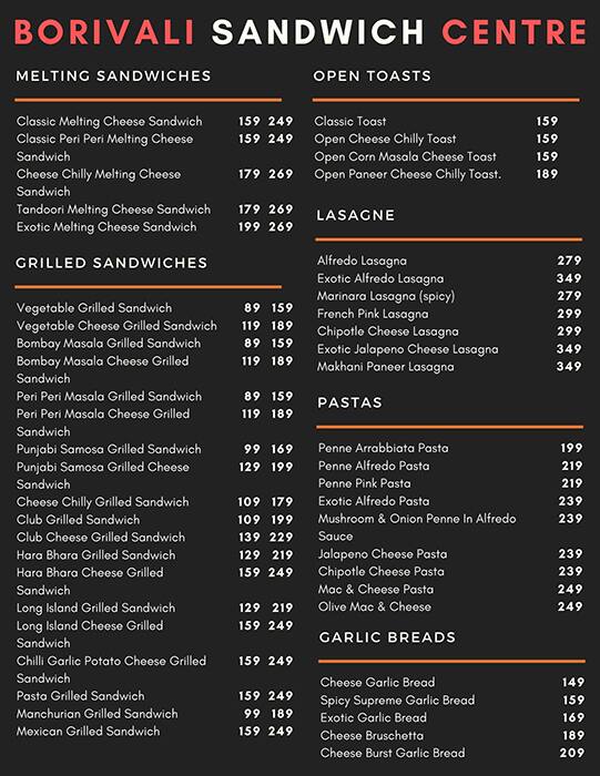Menu of Borivali Sandwich Centre, Borivali East, Mumbai