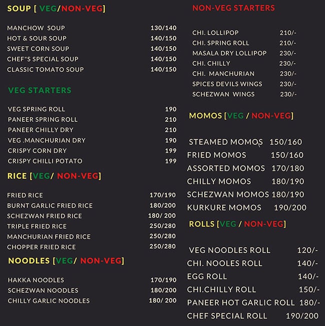 Menu of So Chinese, Oshiwara, Andheri West, Mumbai