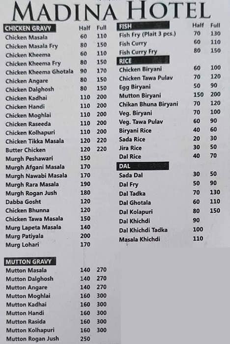 Menu of Madina, Vasai, Mumbai