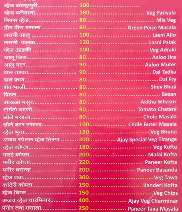 Menu of Hotel Nrusimha, Chandan Nagar, Pune