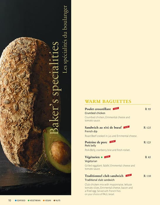 Menu at Paul cafe, Johannesburg, Melrose Boulevard