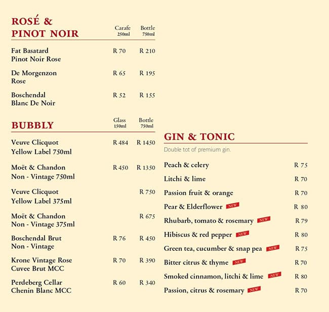 Menu at Paul cafe, Johannesburg, Melrose Boulevard