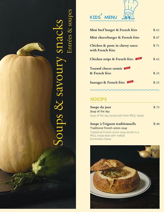 Menu at Paul cafe, Johannesburg, Melrose Boulevard