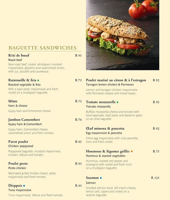 Menu at Paul cafe, Johannesburg, Melrose Boulevard