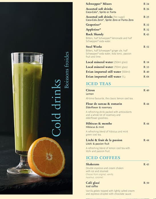 Menu at Paul cafe, Johannesburg, Melrose Boulevard