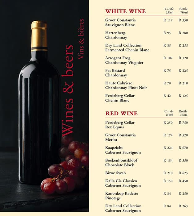 Menu at Paul cafe, Johannesburg, Melrose Boulevard