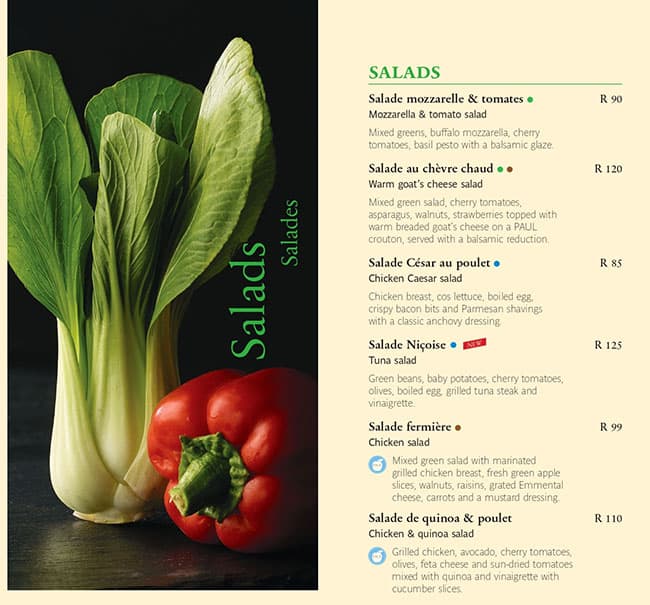 Menu at Paul cafe, Johannesburg, Melrose Boulevard