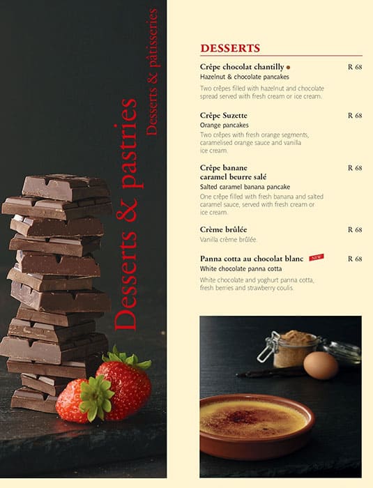 Menu at Paul cafe, Johannesburg, Melrose Boulevard