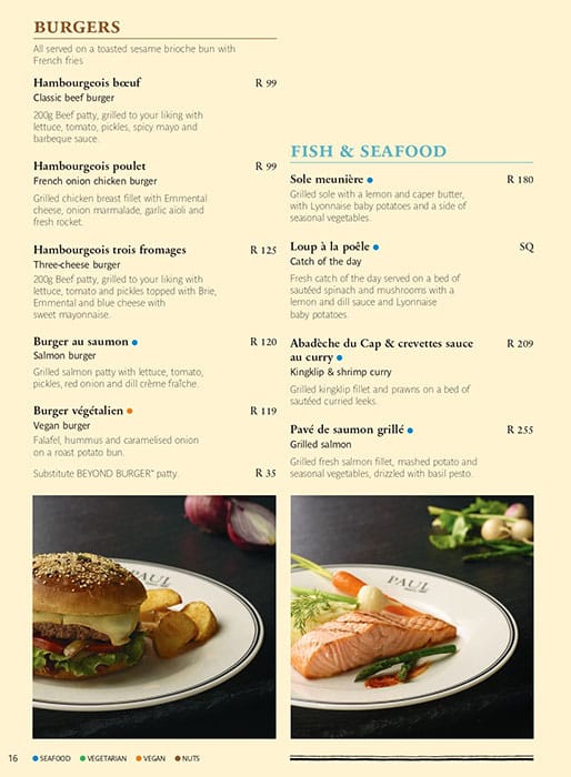 Menu at Paul cafe, Johannesburg, Melrose Boulevard