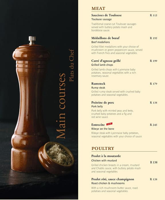 Menu at Paul cafe, Johannesburg, Melrose Boulevard
