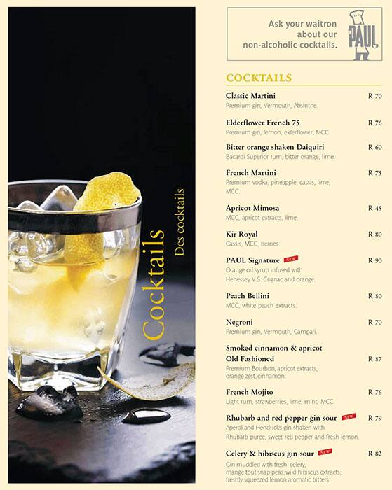 Menu at Paul cafe, Johannesburg, Melrose Boulevard