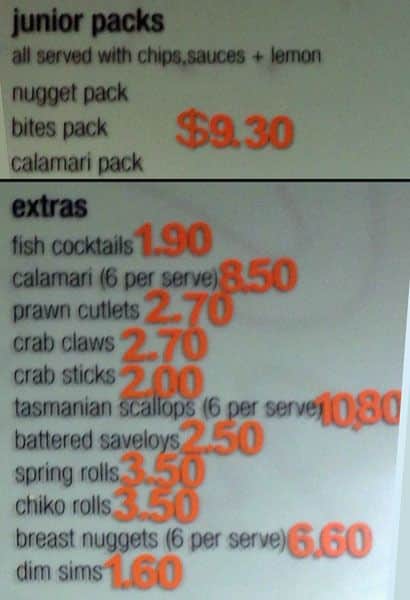 Carta del café Quay Seafood, Sydney, Cahill Expy