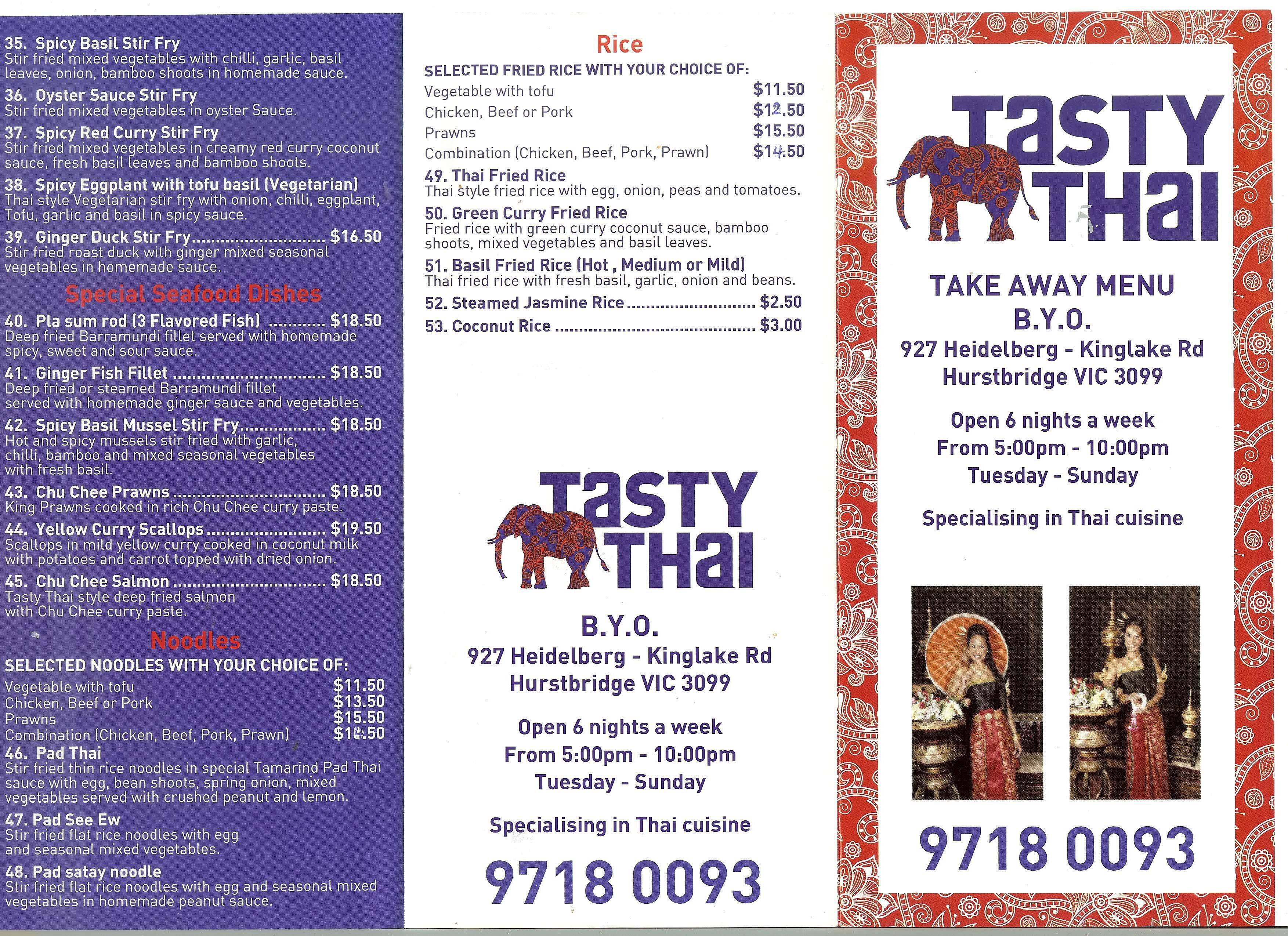Menu at Tasty Thai restaurant, Hurstbridge, 927 Main Road