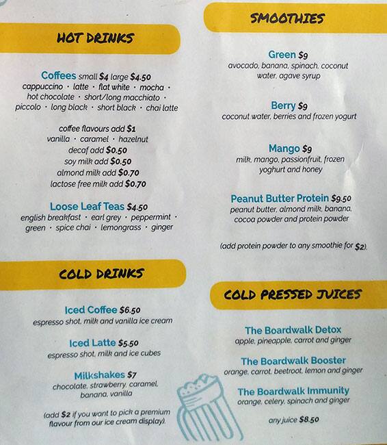 Menu at The Boardwalk restaurant, Melbourne