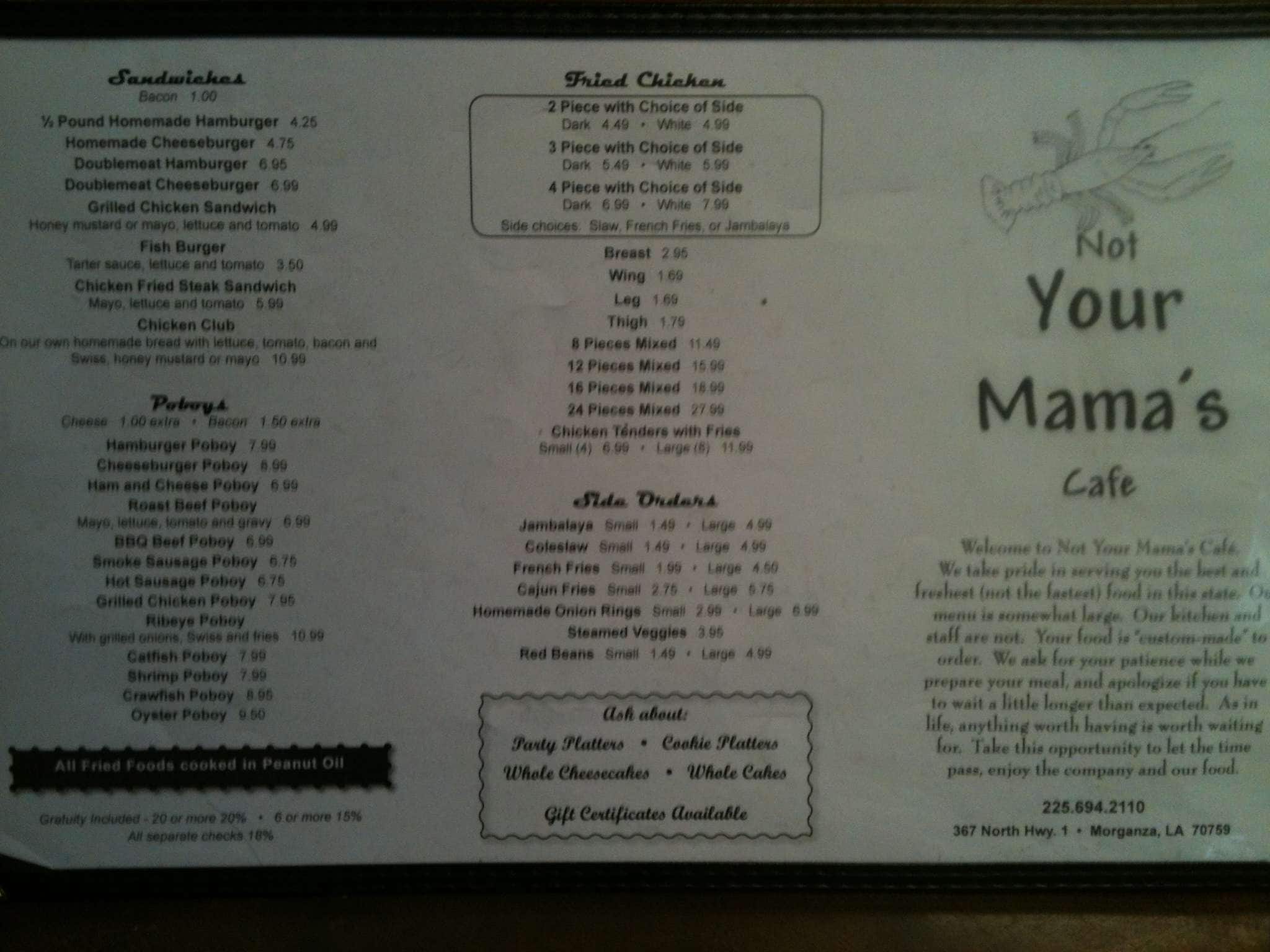 Menu at Not Your Mama's Cafe, Morganza