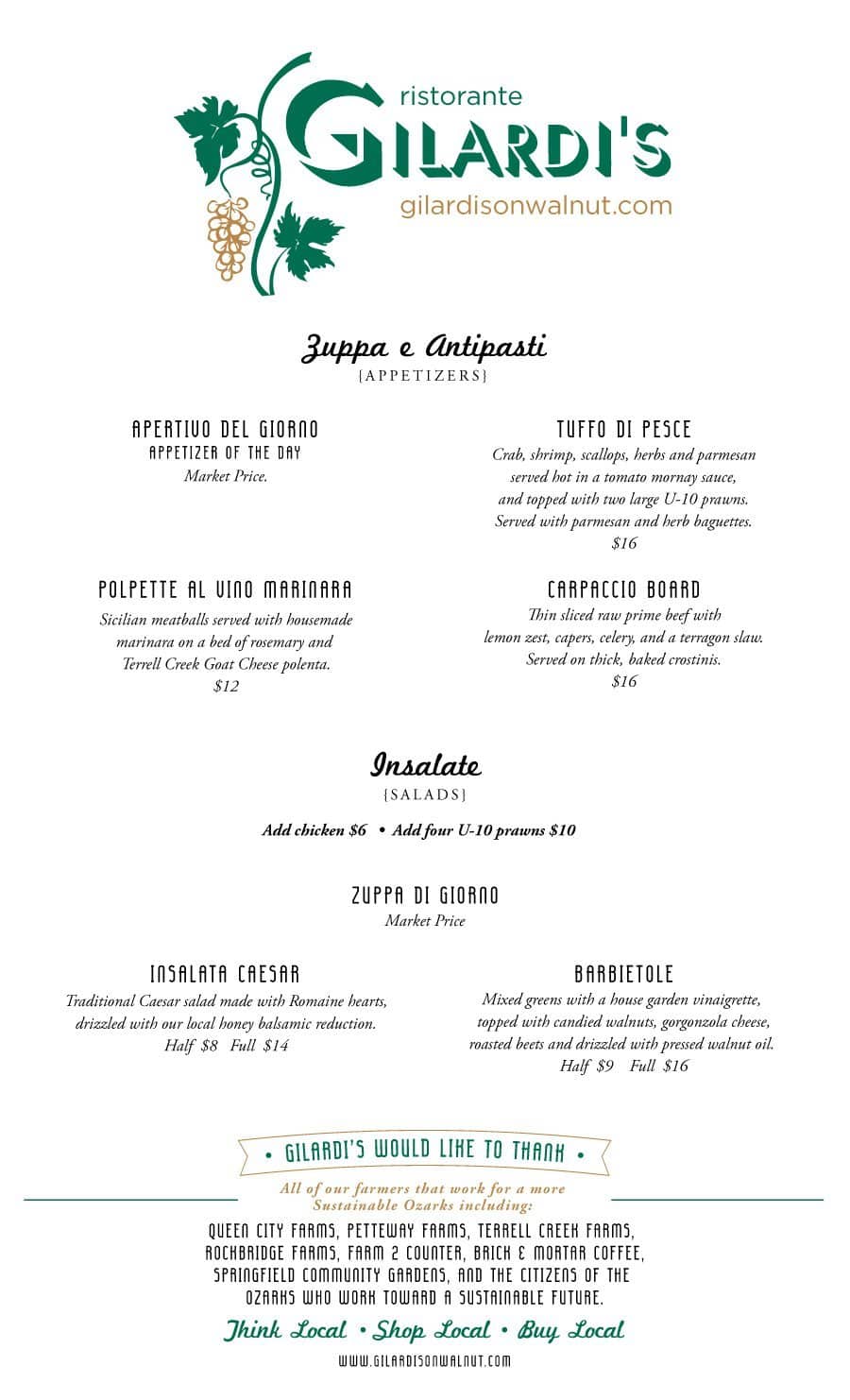 Menu at Gilardi's restaurant, Springfield