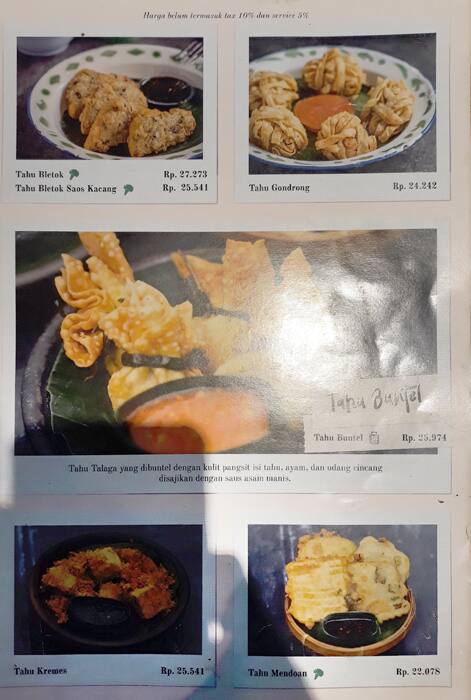 Menu at Talaga Uniquely Tofu restaurant, Bandung