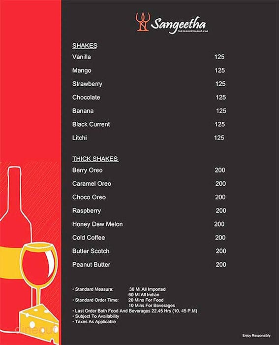 Menu at Sangeetha Fine Dine Restaurant & Bar, Hyderabad