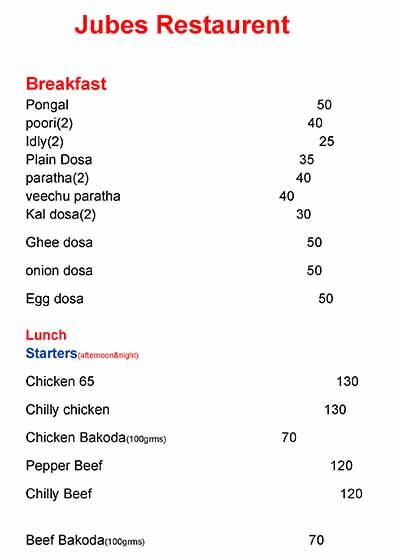 Menu of Jubes Restaurant, Vandalur, Chennai