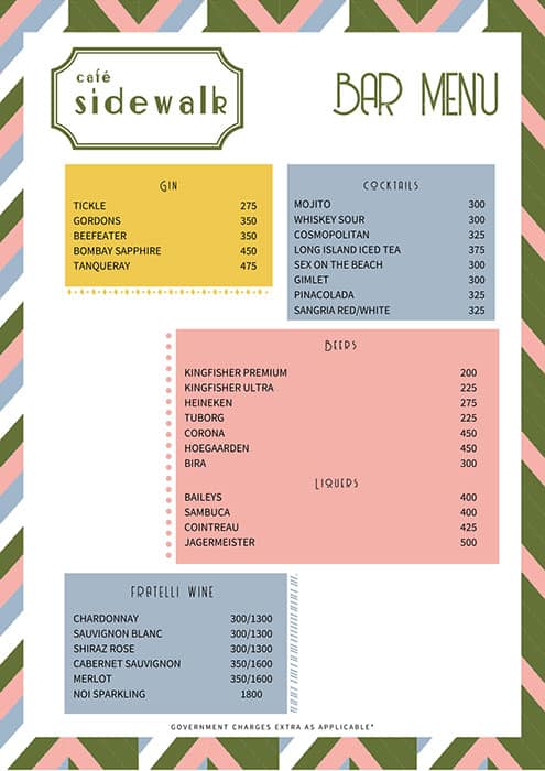 Menu of Cafe Sidewalk, Vile Parle East, Mumbai