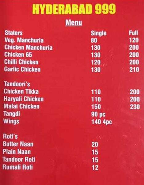 Menu of Hyderabadi 999, Kukatpally, Hyderabad