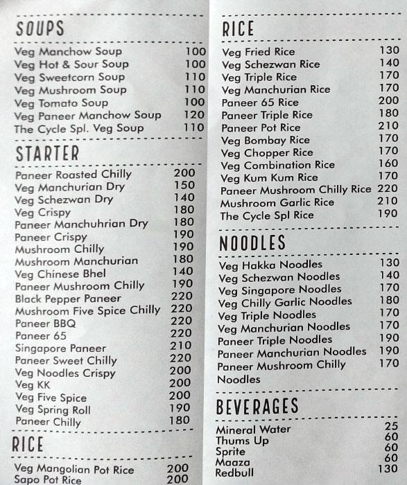 Menu of The Cycle Resturant, Vasai, Mumbai