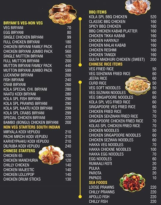Menu of Kola Restaurant, Saroor Nagar, Hyderabad