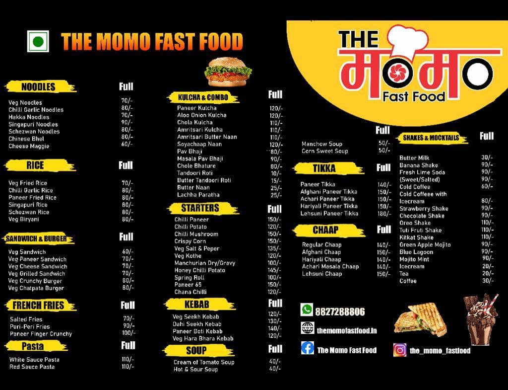 Menu at The MOMO Fast Food, Bhopal
