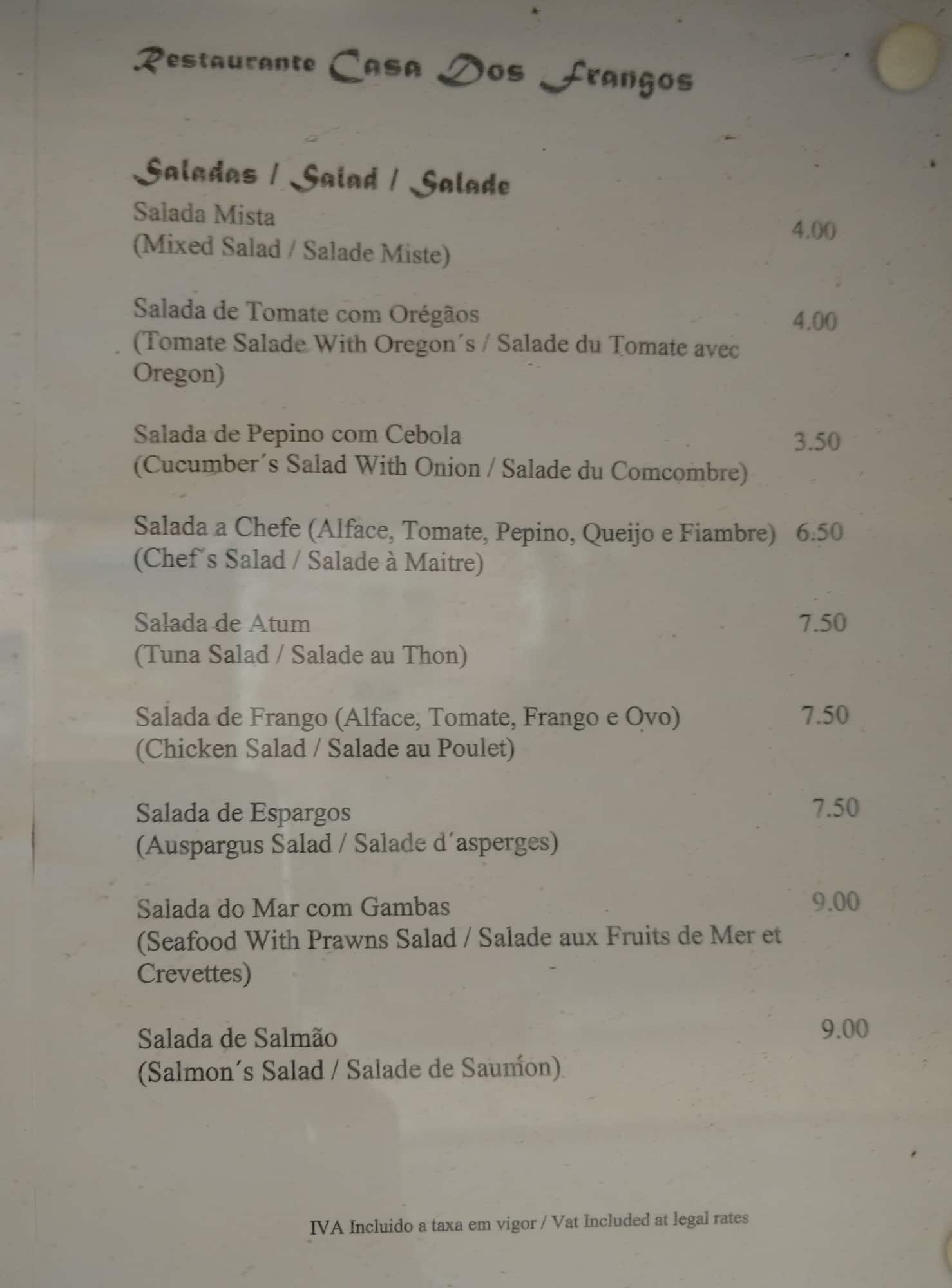 Menu at Casa Dos Frangos restaurant, Sintra