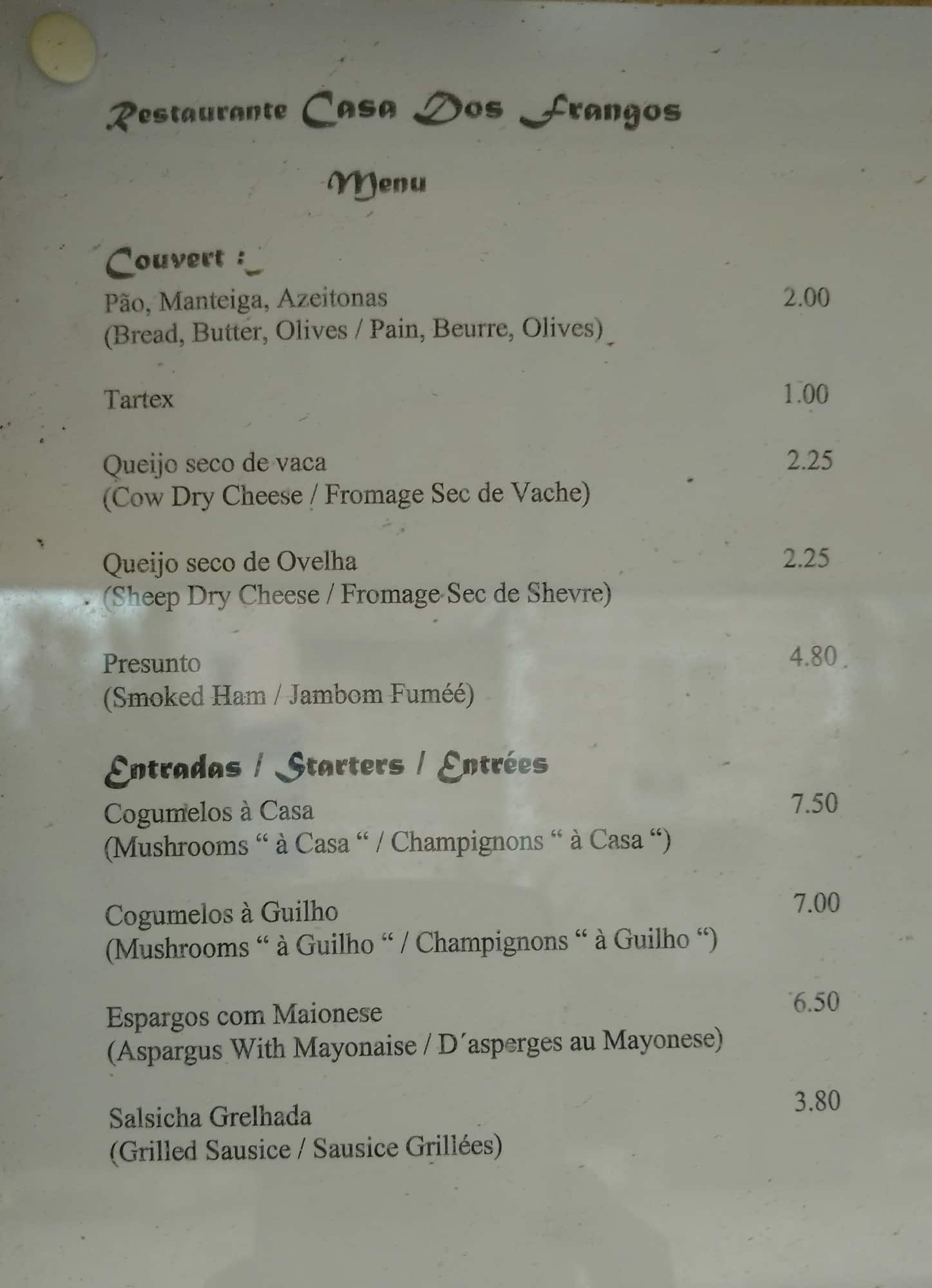 Menu at Casa Dos Frangos restaurant, Sintra