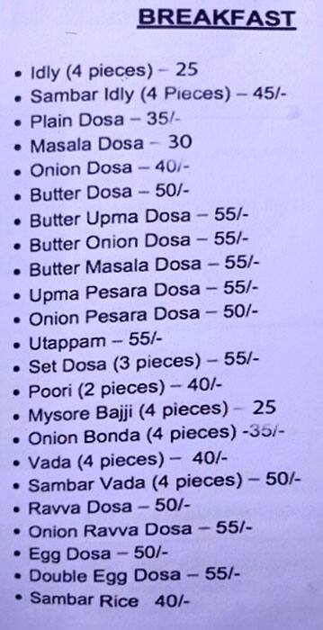 Menu at Sai Shankar Vilas Tiffin & Fast food, Hyderabad