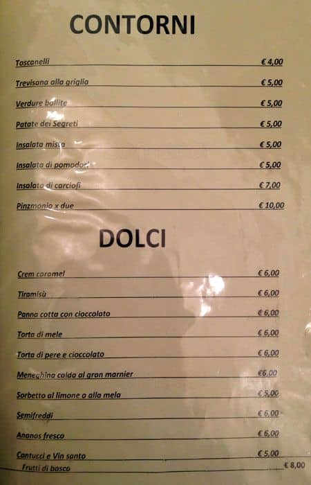 Menu at Osteria Giardino dei Segreti, Milan