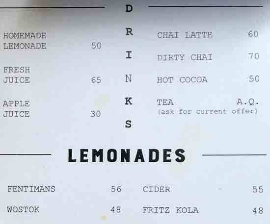 Menu at Coffee Room cafe, Prague