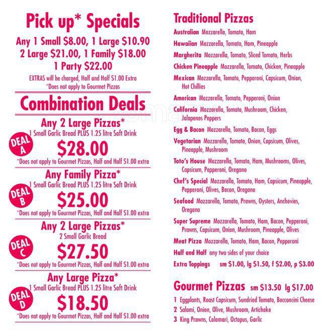 Menu at Toto's Pizzeria, Melrose Park