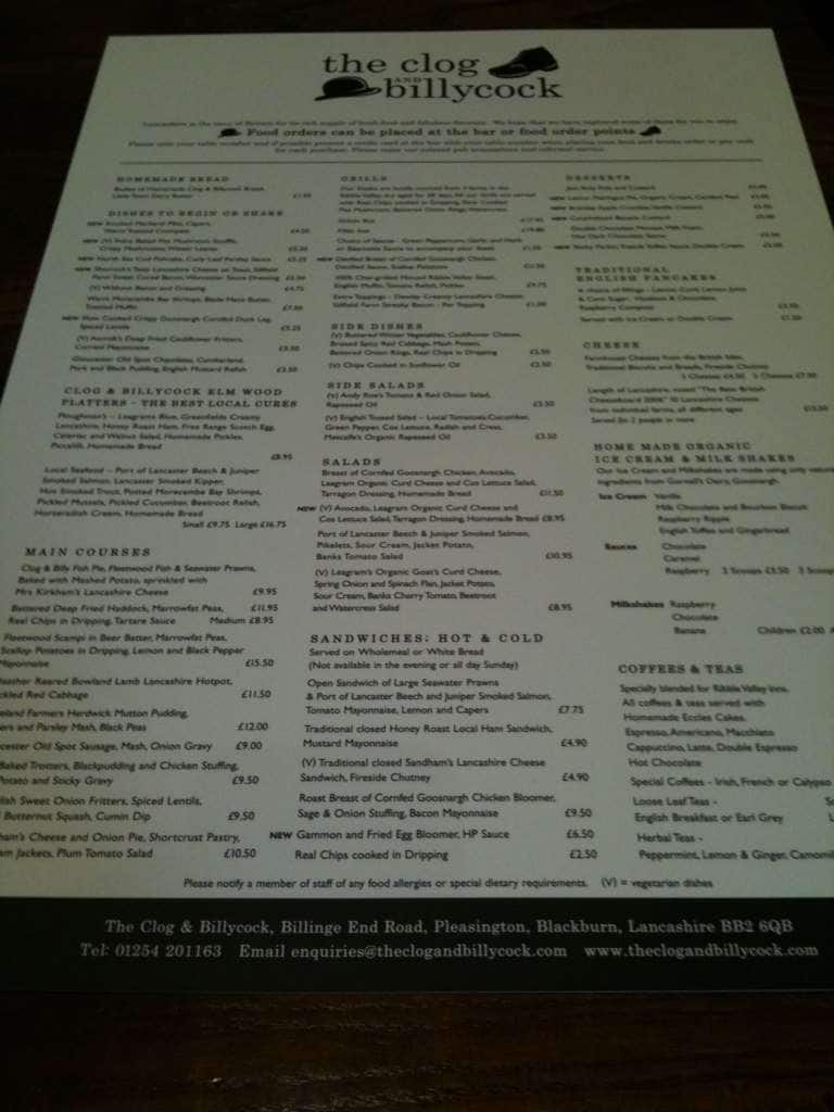 Menu at Clog and Billycock pub & bar, Blackburn