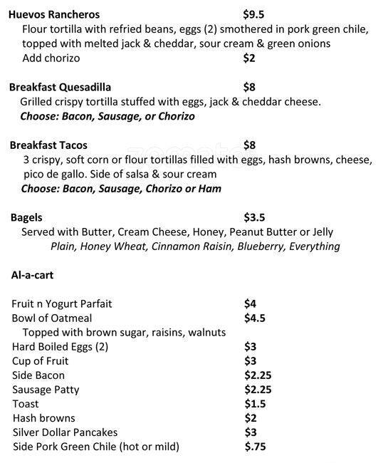 Menu at Miyo Cafe, Castle Rock
