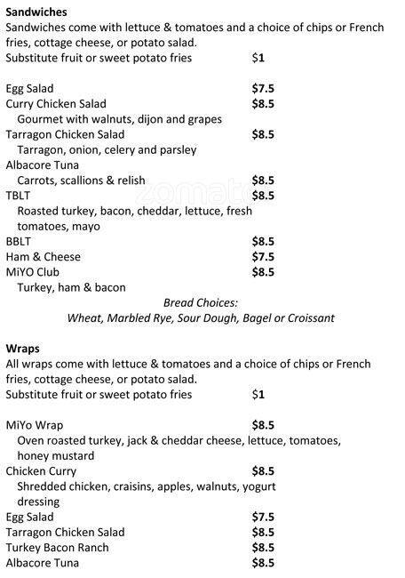 Menu at Miyo Cafe, Castle Rock