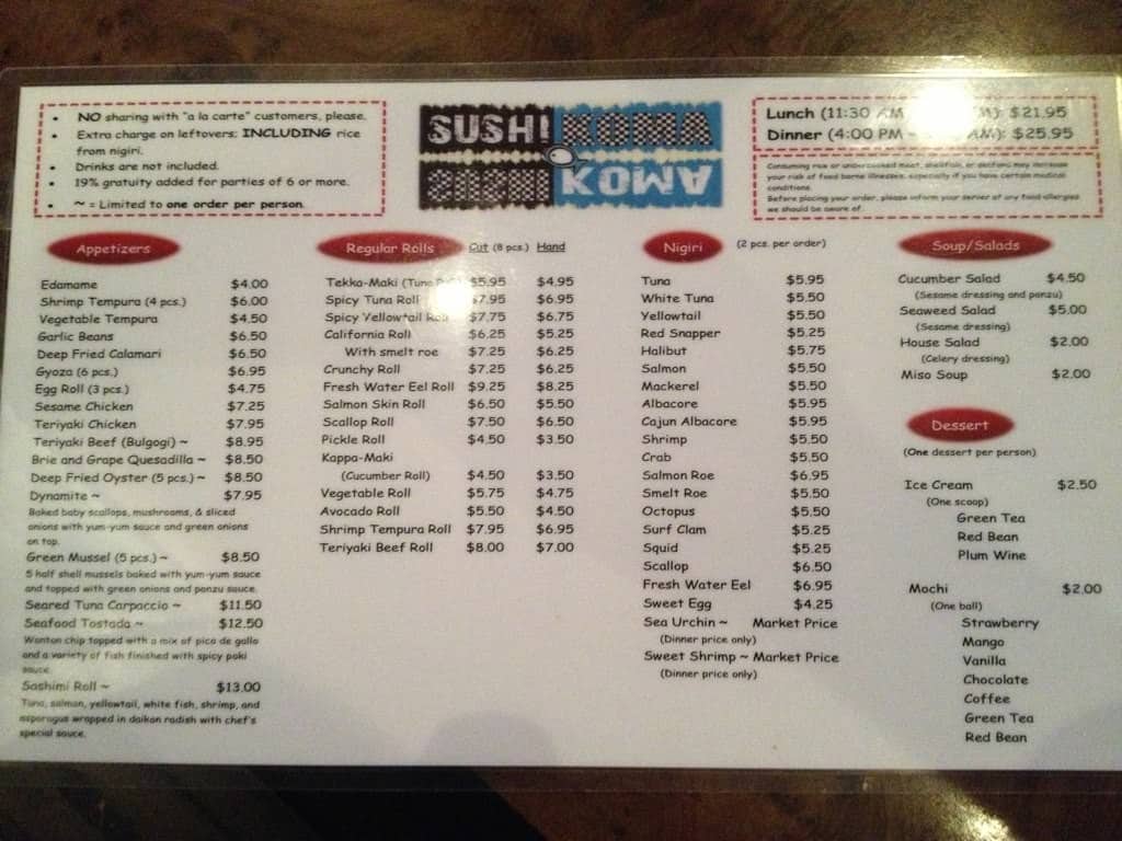 Menu at Sushi Koma restaurant, Las Vegas