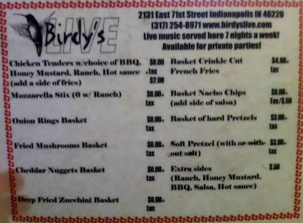 Menu at Birdy's Bar & Grill, Indianapolis