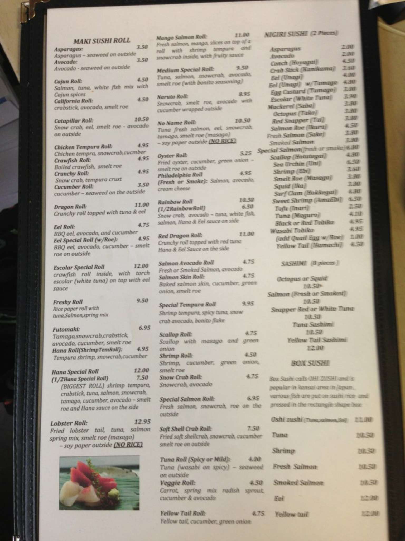 Menu at Hana Japanese Restaurant, New Orleans