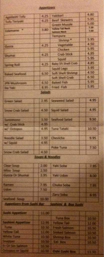 Menu at Hana Japanese Restaurant, New Orleans